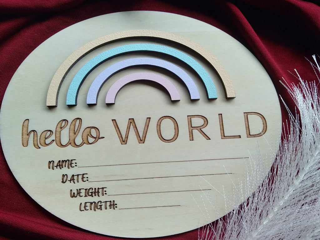 Hello World 🌈 Birth Announcement Discs – Bad Dad Designs